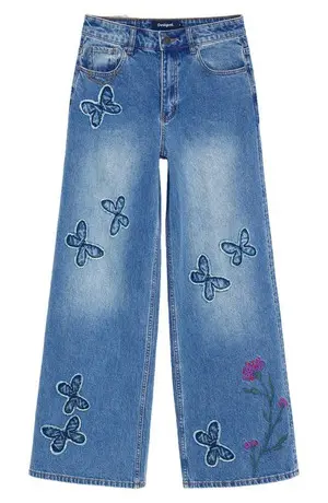 Desigual Floral Embroidered Butterfly Appliqué Wide Leg Jeans