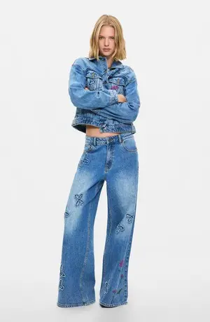 Desigual Floral Embroidered Butterfly Appliqué Wide Leg Jeans
