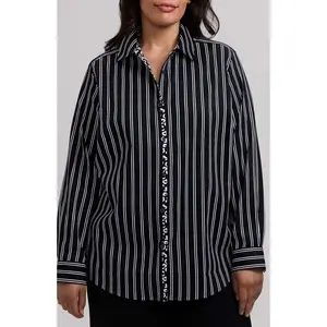 Foxcroft Charlie Striped Cotton Shirt With Animal Print Trim - Black/white