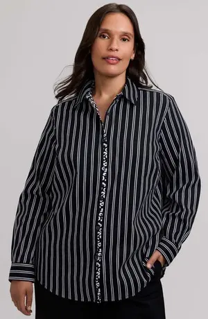 Foxcroft Charlie Striped Cotton Shirt With Animal Print Trim - Black/white