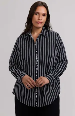 Foxcroft Charlie Striped Cotton Shirt With Animal Print Trim - Black/white