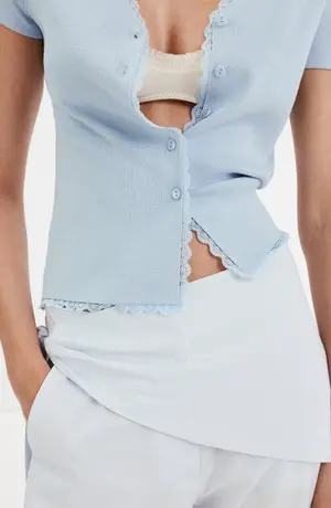 Mango Lace Trim Short Sleeve V-neck Cardigan