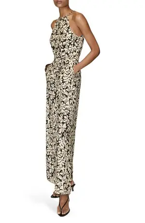 Mango Print Belted Sleeveless Jumpsuit Black