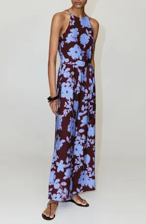 Mango MANGO Sleeveless Floral Print Wide Leg Jumpsuit Medium Blue