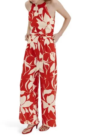 Mango Print Belted Sleeveless Jumpsuit - Red