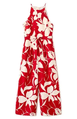 Mango Print Belted Sleeveless Jumpsuit - Red