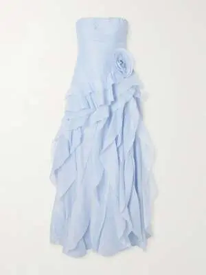 Aje Canyon Strapless Appliquéd Ruffled Pleated Chiffon Gown - Blue