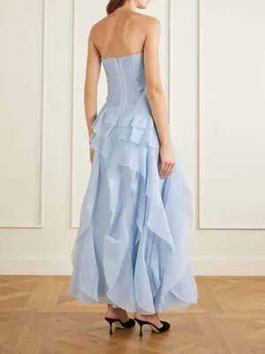 Aje Canyon Strapless Appliquéd Ruffled Pleated Chiffon Gown