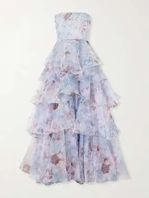 Aje Gabrielle Strapless Tiered Ruffled Floral-print Organza Gown - Violet