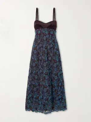 ALEMAIS Francine Bead-embellished Satin-trimmed Guipure Lace Midi Dress - Chocolate