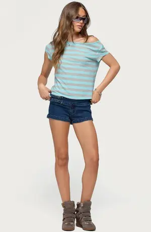 EDIKTED Belted Low Rise Denim Shorts