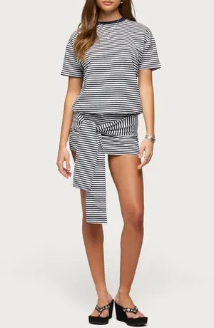 EDIKTED Ardeney Stripe Tie Waist T-shirt Minidress - Navy