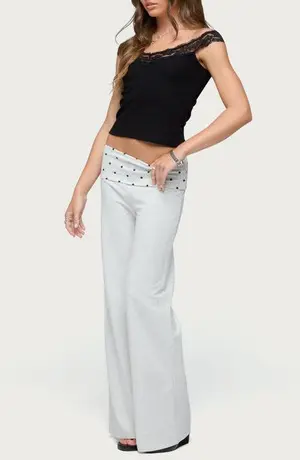 EDIKTED Freyah Lace Trim Off The Shoulder Crop Top