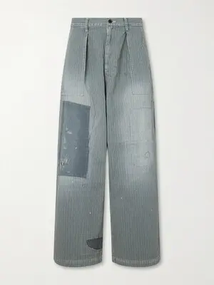 Kapital Liberty Hicoree Fatigue Wide-leg Striped Distressed Patchwork Cotton-twill Trousers - Blue