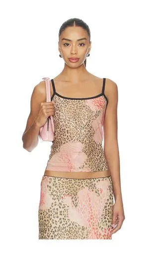 WITH HARPER LU Mesh Camisole Top In Brown - Leopard