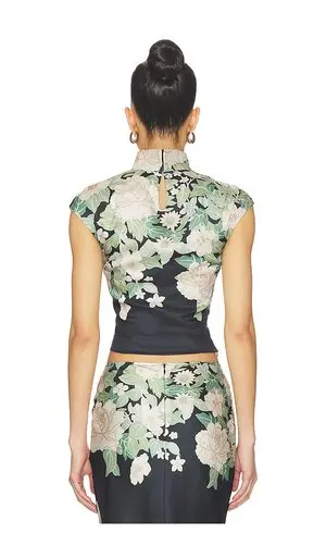 SAU LEE Dara Top Floral Print Cropped Top With Cut-out Detail