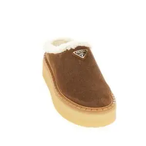 Prada Shearling Suede Sabot With Triangle Logo - Brown