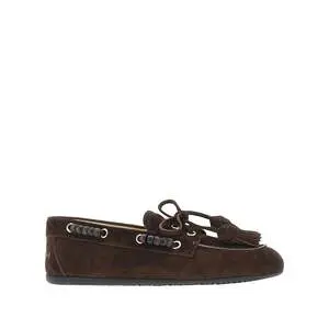 Miu Miu Suede Leather Deck Loafers With Tassels And Wooden Beads - Brown