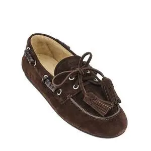 Miu Miu Suede Leather Deck Loafers With Tassels And Wooden Beads - Brown