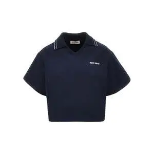 Miu Miu Cropped Sweatshirt With Collared Neckline And Logo Embroidery - Blue