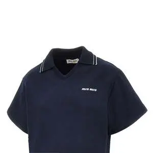 Miu Miu Cropped Sweatshirt With Collared Neckline And Logo Embroidery - Blue