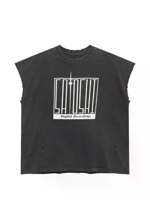 SATOSHI NAKAMOTO Digital Cutoff Distressed Logo-print Sleeveless T-shirt - Black