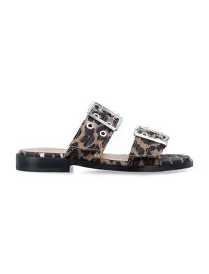 GANNI Leopard Print Buckle Two-strap Flat Sandals - Brown