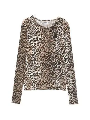 GANNI Ribbed Long Sleeve Printed T-shirt With Embroidered Logo - Brown