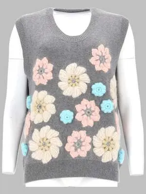 GANNI Floral Applique Knit Vest - Grey