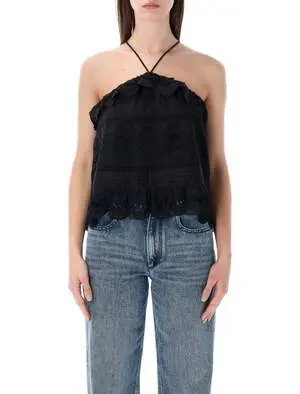 MARANT ETOILE Eyelet Embroidered Halterneck Ruffle Top - Black