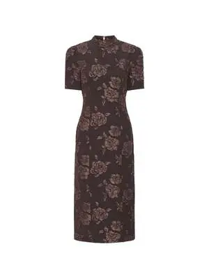 ROTATE BY BIRGER CHRISTENSEN Floral High Neck Jacquard Midi Dress - Marrone