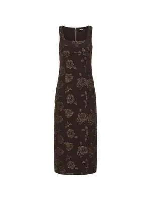 ROTATE BY BIRGER CHRISTENSEN Sleeveless Square Neck Floral Jacquard Midi Dress - Marrone