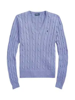Ralph Lauren Cotton Cable Knit V-neck Sweater - Light Blue