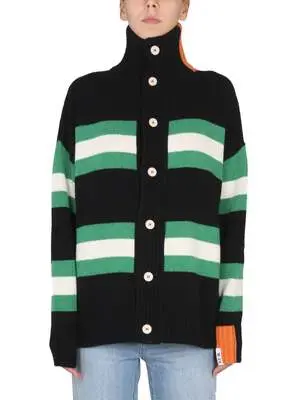RIGHT FOR Striped Buttoned High Neck Cardigan
