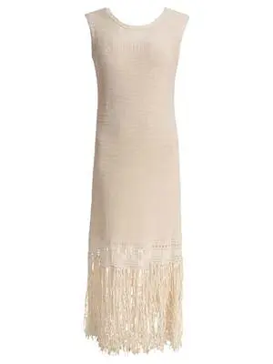 SANDBEIGE Short Sleeve Midi Dress With Fringe Hem