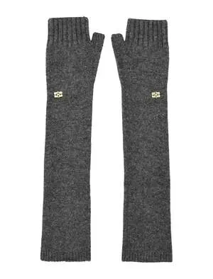 GANNI Elongated Ribbed Wool Fingerless Gloves With Gold Tone Logo Detail - Phantom
