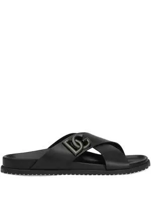 Dolce & Gabbana Calfskin Leather Logo Slide Sandals