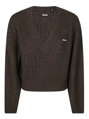 ROTATE BY BIRGER CHRISTENSEN Cable V-neck Wool Cashmere Sweater - Marrone