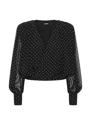 ROTATE BY BIRGER CHRISTENSEN Floral Print V-neck Long Sleeve Blouse With Voluminous Sheer Sleeves - Nero