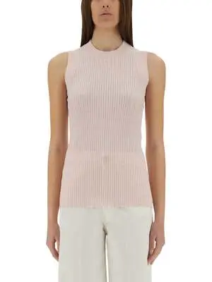 Sportmax Slim Fit Ribbed Mock Neck Top - Pink