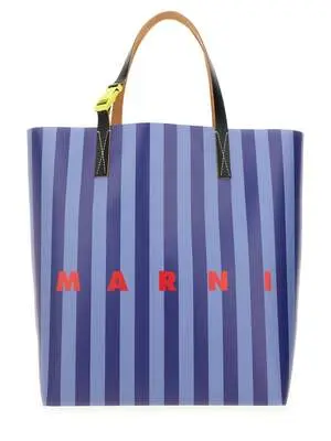 Marni Striped Tribeca Shopping Bag With Logo - Azure