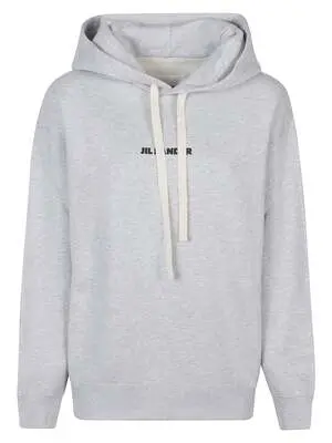 JIL SANDER Long Sleeve Cotton Logo Hoodie With Drawstring - Grey