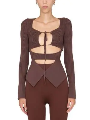 ANDREĀDAMO Ribbed Wide Neckline Top With Front Tie Detail - Brown