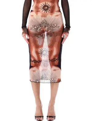 JEAN PAUL GAULTIER Re-edition Safe Sex Tattoo Print Low Waist Midi Skirt - Multicolour