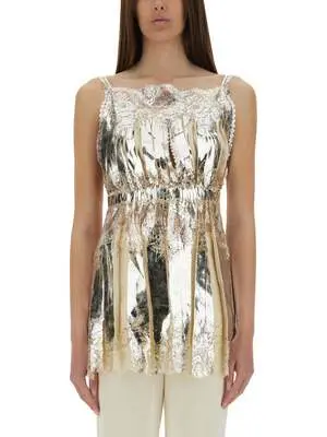 Rabanne Pleated Satin Top With Lace Trim - Ivory