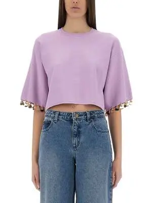 Rabanne Cropped Embellished Cotton-jersey T-shirt - Lilac