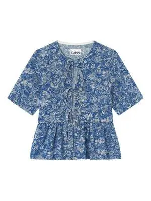 GANNI Round Neckline Tie-front Top Size - Blue