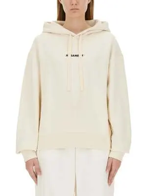JIL SANDER Cotton Hoodie With Logo Print - Ivory