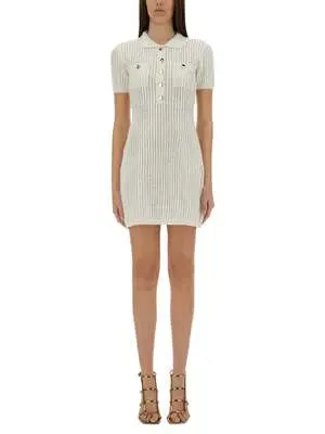 SELF-PORTRAIT Crochet Knit Mini Dress With Button Details - Ivory