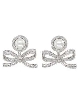 SELF-PORTRAIT Crystal Bow Pearl Drop Earrings - Silver